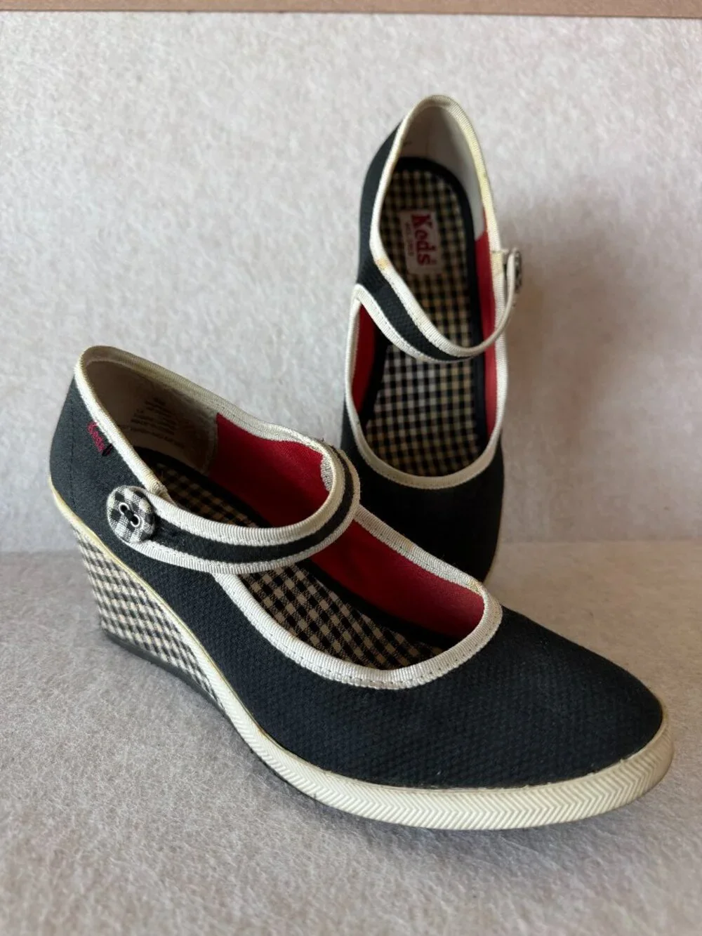 Keds | Shoes | Vintage Keds Gingham Black White Mary Jane Wedge Heels ...
